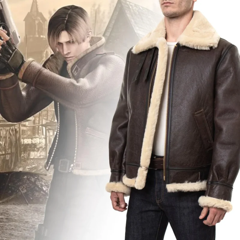 Resident Evil 4 Leon Kennedy Jacket | RE4 Brown Shearling Bomber Jacket ...